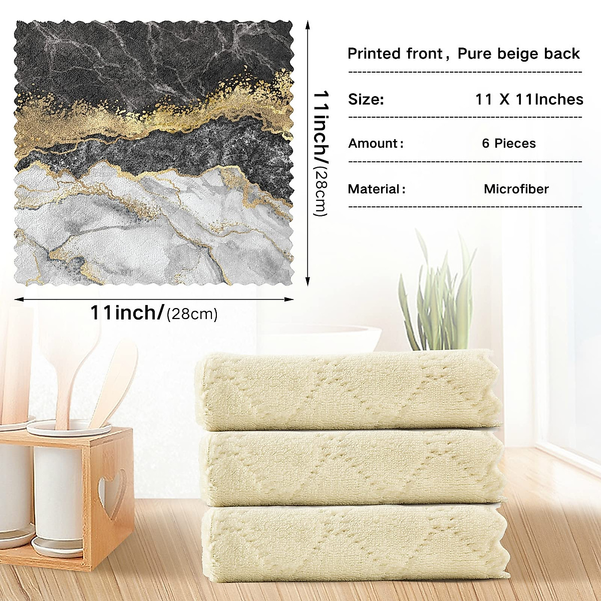 Dish Cloths Dish Towels Kitchen Towels 6 Pack Sets Absorbent Gold Black Marble Soft Decorative Reusable Nonstick Oil Washable