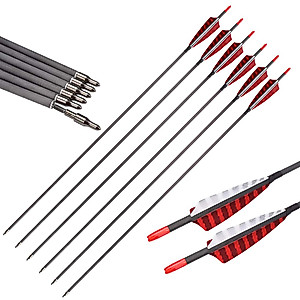 Pure Carbon Arrows 30 Inch 600 Spine Turkey Feather Fletching Screw-in Field Points Targeting Hunting Traditional Long Bow Arrows for Recurve Bow Compound Bow (Pack of 6)