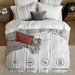 Bedsure Duvet Cover Queen Size - Reversible Striped Duvet Cover Set with Zipper Closure, Grey Bedding Set, 3 Pieces, 1 Duvet Cover 90"x90" with 8 Corner Ties and 2 Pillow Shams 20"x26"