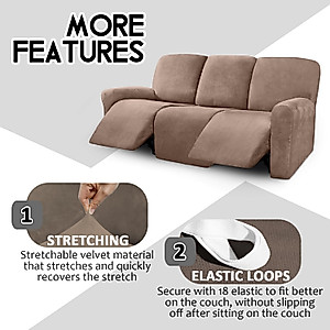 ULTICOR Velvet 8-Pieces Recliner Sofa Covers Stretch Reclining Couch Covers for 3 Cushion Reclining Sofa Slipcovers Furniture Covers Thick Soft Washable (3 Seater Recliner Cover, Sand)