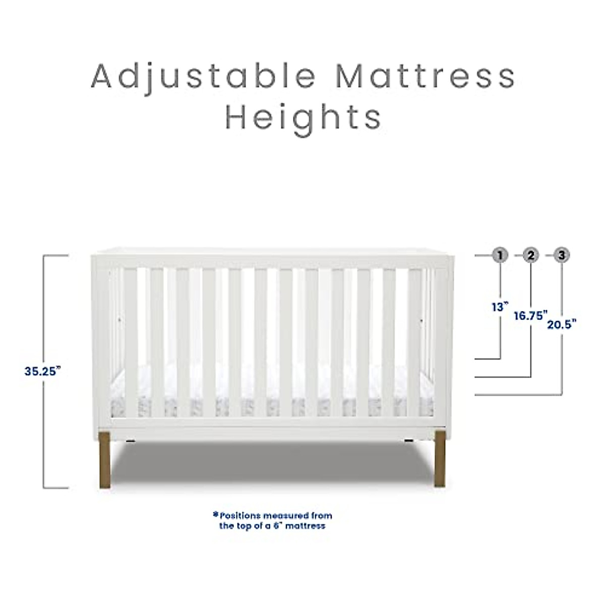 Delta Children Hendrix 4-in-1 Convertible Crib, Greenguard Gold Certified, Bianca White/Bronze