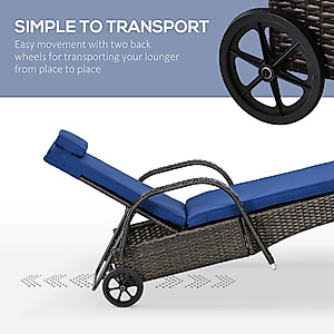 Outsunny Wicker Outdoor Chaise Lounge Set of 2, 5-Level Adjustable Backrest PE Rattan Pool Lounge Chair with Wheels, Cushion & Headrest, Brown and Dark Blue