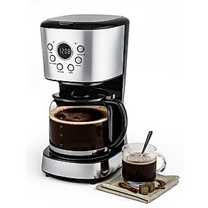 SIMOE Programmable Coffee Maker, 12-Cup Coffee Machine with Timer and Glass Carafe, Keep Warm, Brew Strength Control, Anti-Drip System, Black with Stainless Steel