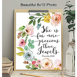 Proverbs 31 - Bible Verse Wall Art for Girls, Women, Teens - Religious Scripture Room Decor for Baby Bedroom, Living Room, Bathroom - Unique Christian Gift - Flowers in Pastel Colors 8x10 UNFRAMEDSign