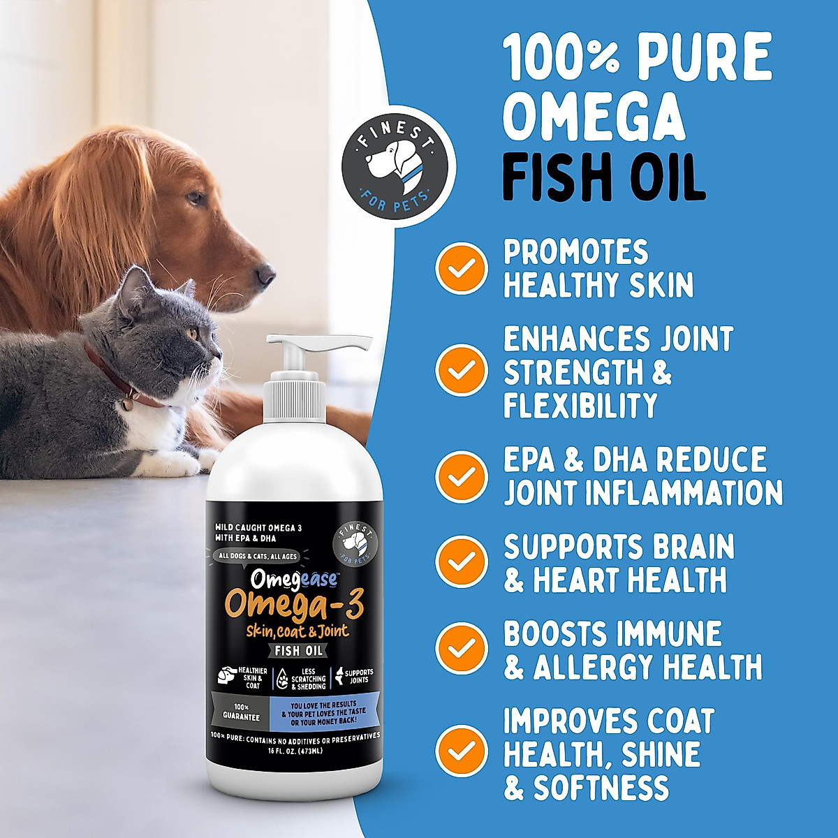 100% Pure Omega 3 Fish Oil for Dogs & Cats - Omegease Supplement for Skin & Coat, Itching, Shedding, Joints & Immune Health (8 oz)