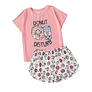DIDK Women's Cartoon Print Tee and Curved Hem Shorts Pajama Set Pink and White XS