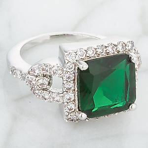 Kate Bissett Halo Style Engagement Ring with 10mm Princess Cut Emerald Green and Round Cut Clear CZ (9) Size 9