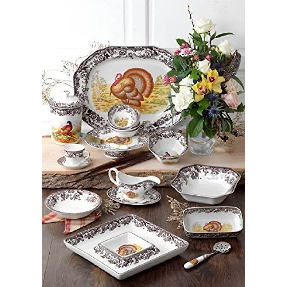 Spode Woodland 15.25" Bread Tray with Turkey Motif | Turkey Serving Platter for Thanksgiving, Dinner Parties, and Events | Made from Fine Porcelain | Microwave and Dishwasher Safe