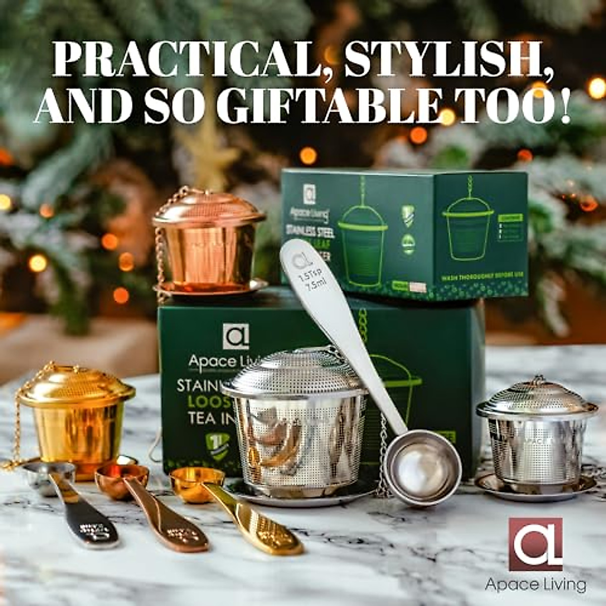 Loose Leaf Tea Infuser (Set of 2) with Tea Scoop and Drip Dray by Apace - Ultra Fine Stainless Steel Strainer & Steeper for a Superior Brewing Experience