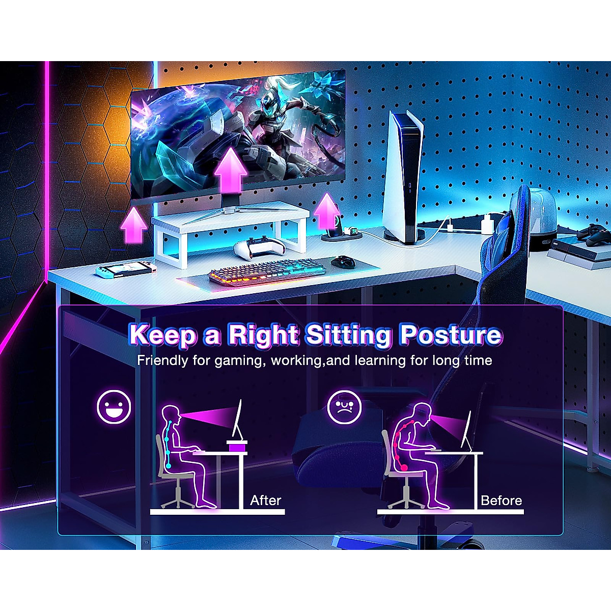 Casaottima L Shaped Gaming Desk, Corner Desk Gaming Table with Monitor Stand for Home Office, Computer Desk for Small Space, White