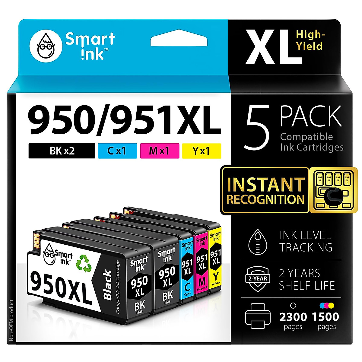 Smart Ink Compatible Ink Cartridge Replacement for HP 950XL 951XL 950 XL 951 XL 5 Pack Combo to use with Officejet Pro 8600 plus 8610 8620 8100 8625 8630 Printers (2 Black & 1 Cyan 1 Magenta 1 Yellow)