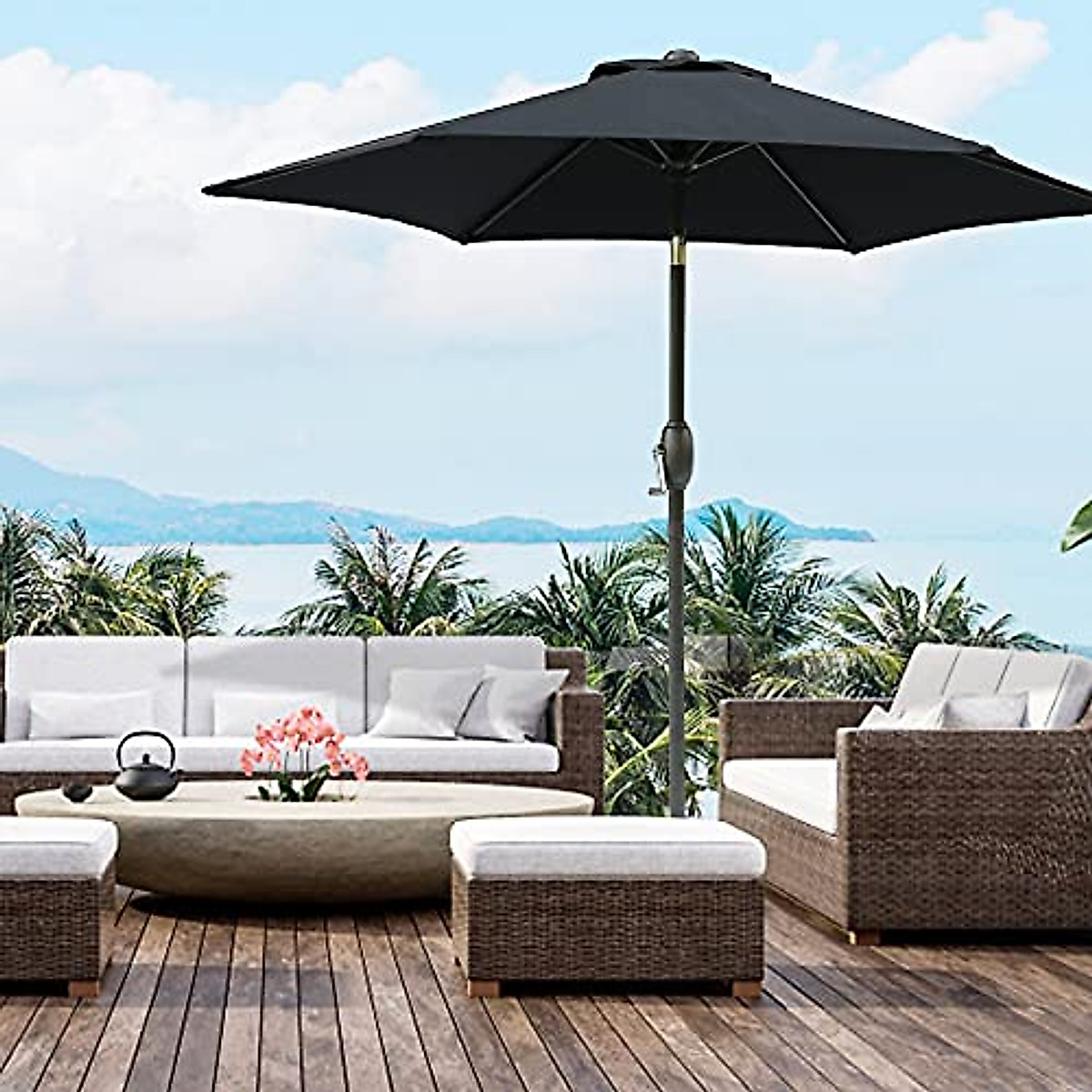 windaze 7.5ft Patio Table Umbrella - Outdoor Market Umbrella with Push Button Tilt and Crank for Garden, Lawn, Backyard, Deck, Pool and Beach, Black