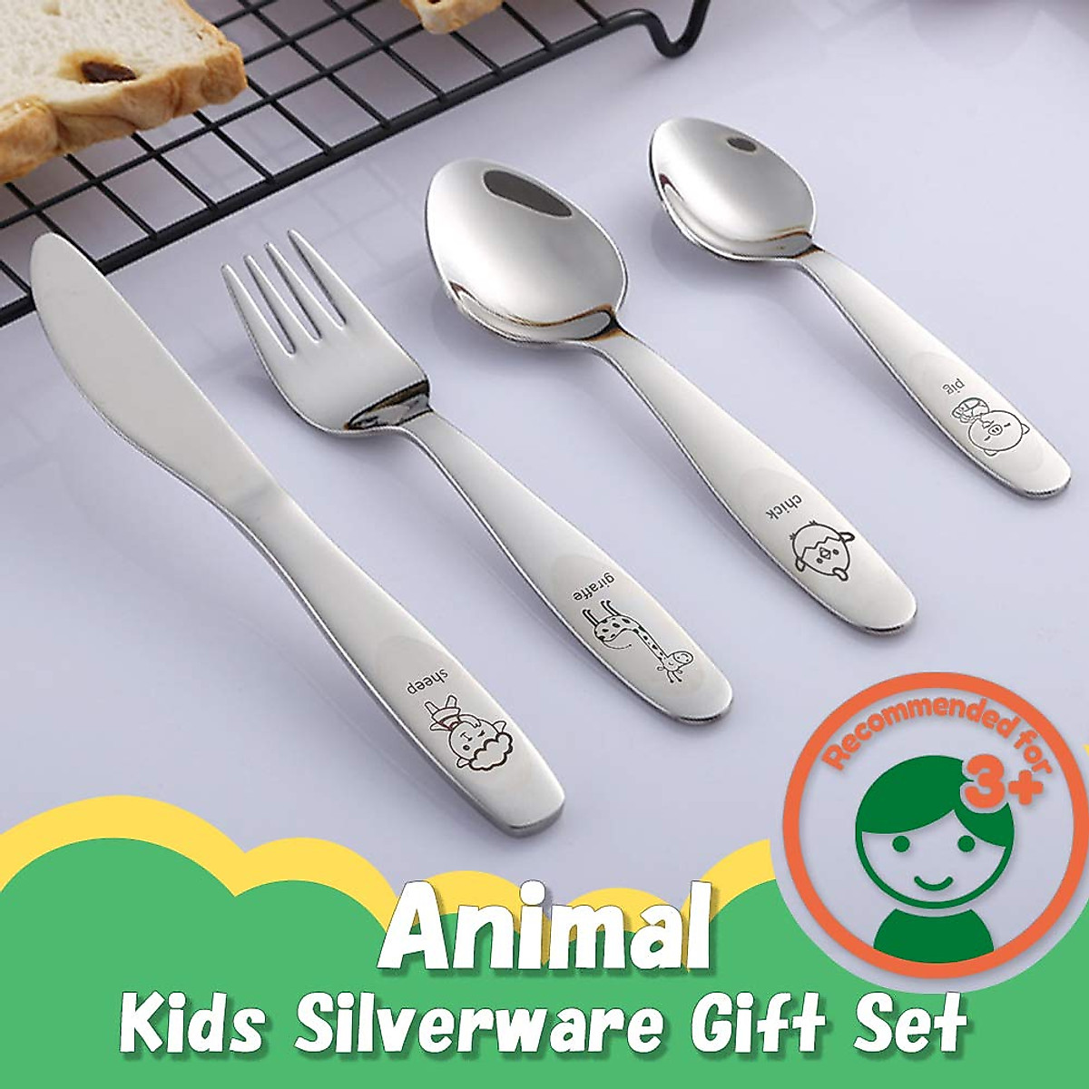 Kids Silverware Set Toddler Utensils 18/8 Stainless Steel 4PCS Fork Spoon and Knife Cutlery Child Flatware for Age 3+