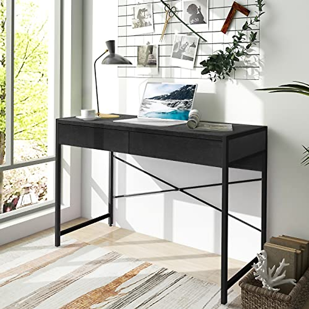 Tangkula Computer Desk with 2 Drawers, 44" Study Writing Table w/Heavy-Duty Steel Frame & Reinforced Structure, PC Desk with Storage for Home Office (Black)