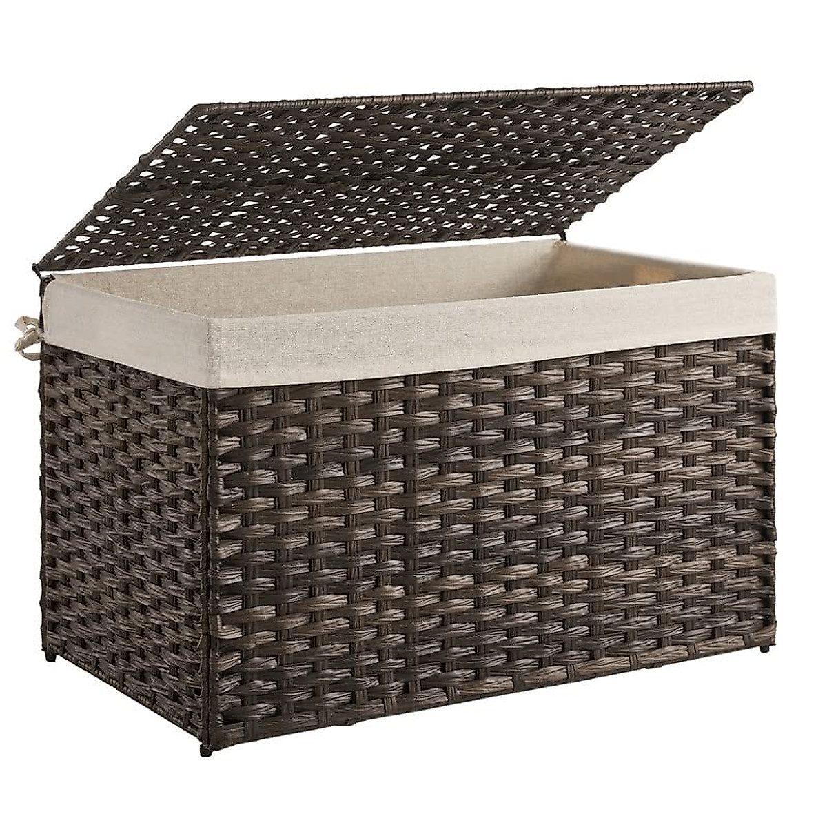 SONGMICS Storage Basket with Lid, Rattan-Style Storage Trunk with Cotton Liner and Handles, for Bedroom Closet Laundry Room, 29.9 x 17.1 x 18.1 Inches, Brown URST76BR
