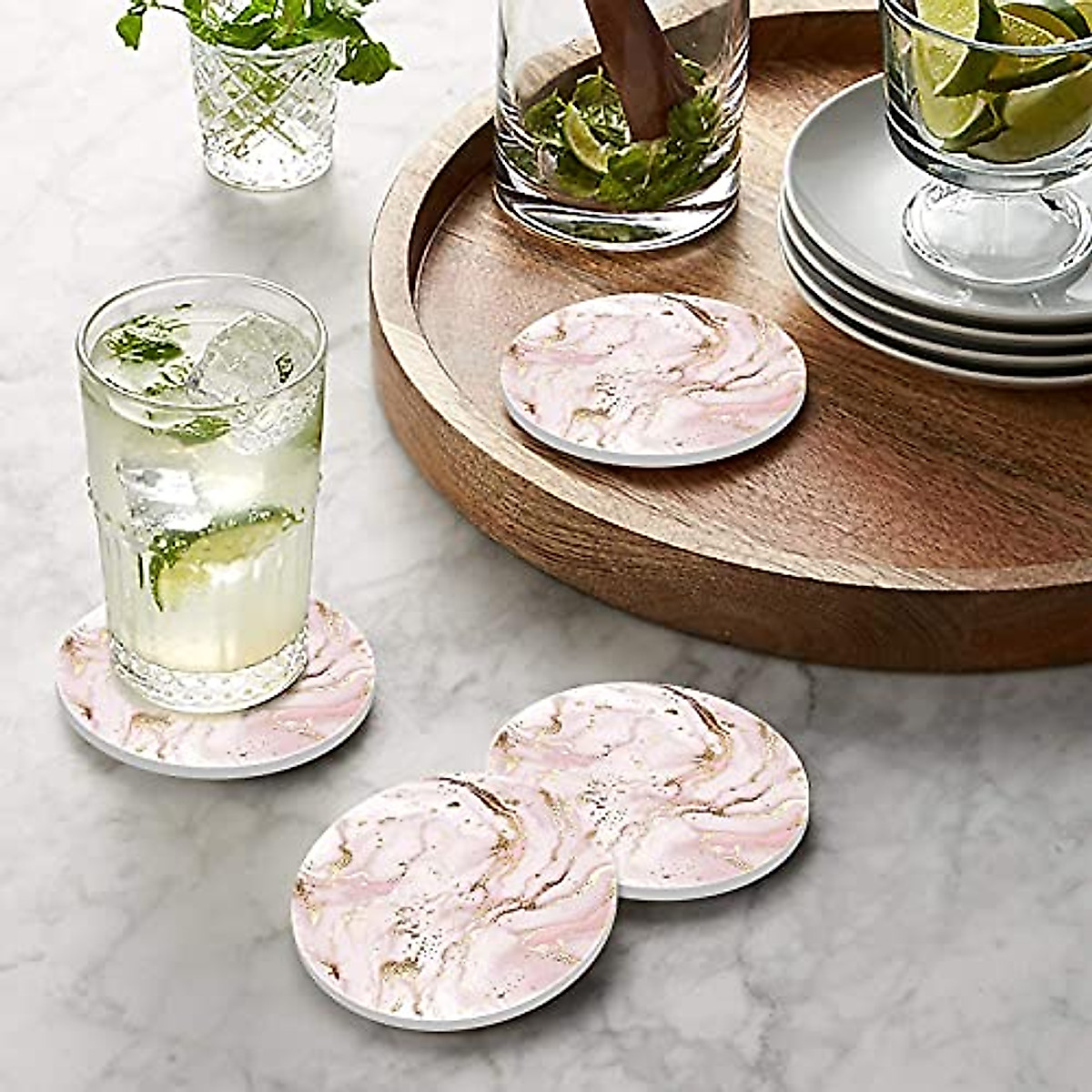 Lahome Pink Coasters for Drinks Absorbent with Holder,Set of 6 Marble Pattern Ceramic Stone Coaster Set with Cork Backing for Mugs Cups Wooden Coffee Table Protection,4 Inches