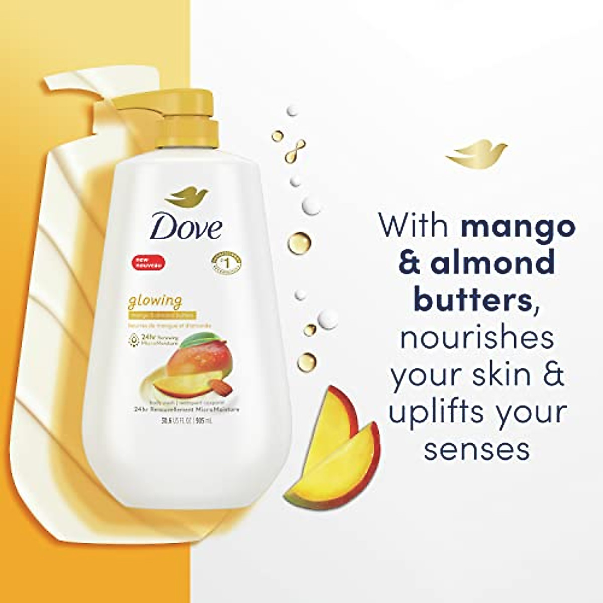Dove Body Wash with Pump Glowing Mango & Almond Butter 3 Count for Renewed, Healthy-Looking Skin Gentle Skin Cleanser with 24hr Renewing MicroMoisture 30.6 oz