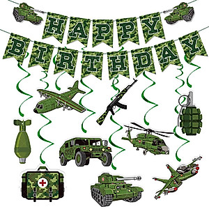 Army Birthday Party Decorations Camouflage Party Decoration Include Camo Happy Birthday Banner and Military Theme Hanging Swirls Decor for Boys Girls Birthday Party Supplies