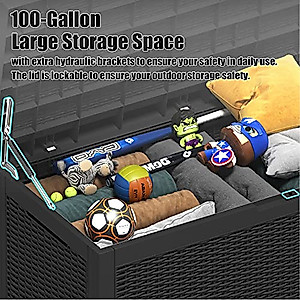 Greesum 100 Gallon Resin Deck Box Large Outdoor Storage for Patio Furniture, Garden Tools, Pool Supplies, Weatherproof and UV Resistant, Lockable, Black