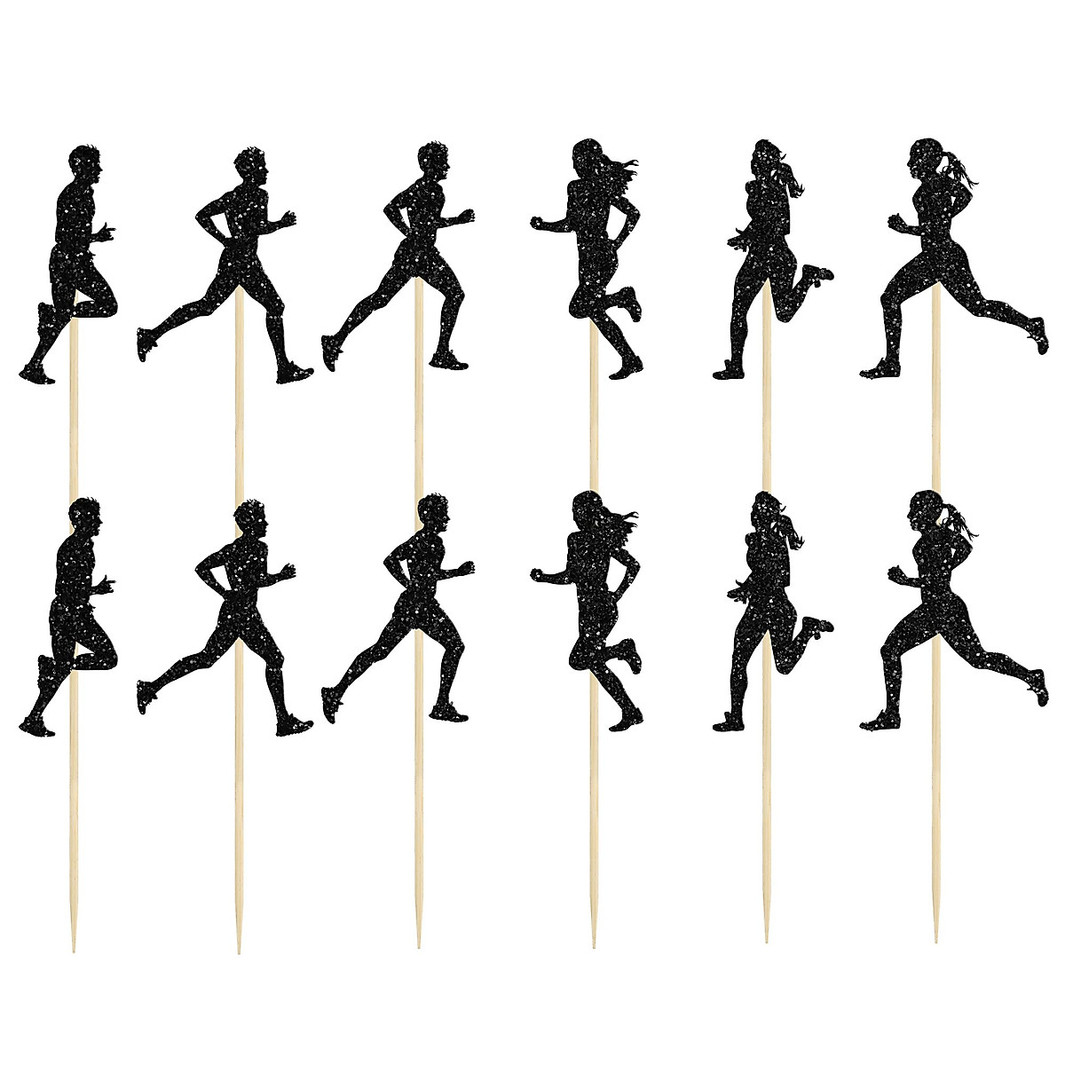 24Pcs Running Cupcake Toppers Black Glitter Sports Fitness Cupcake Picks for Running Theme Boys Girls Birthday Party Cake Decorations Supplies
