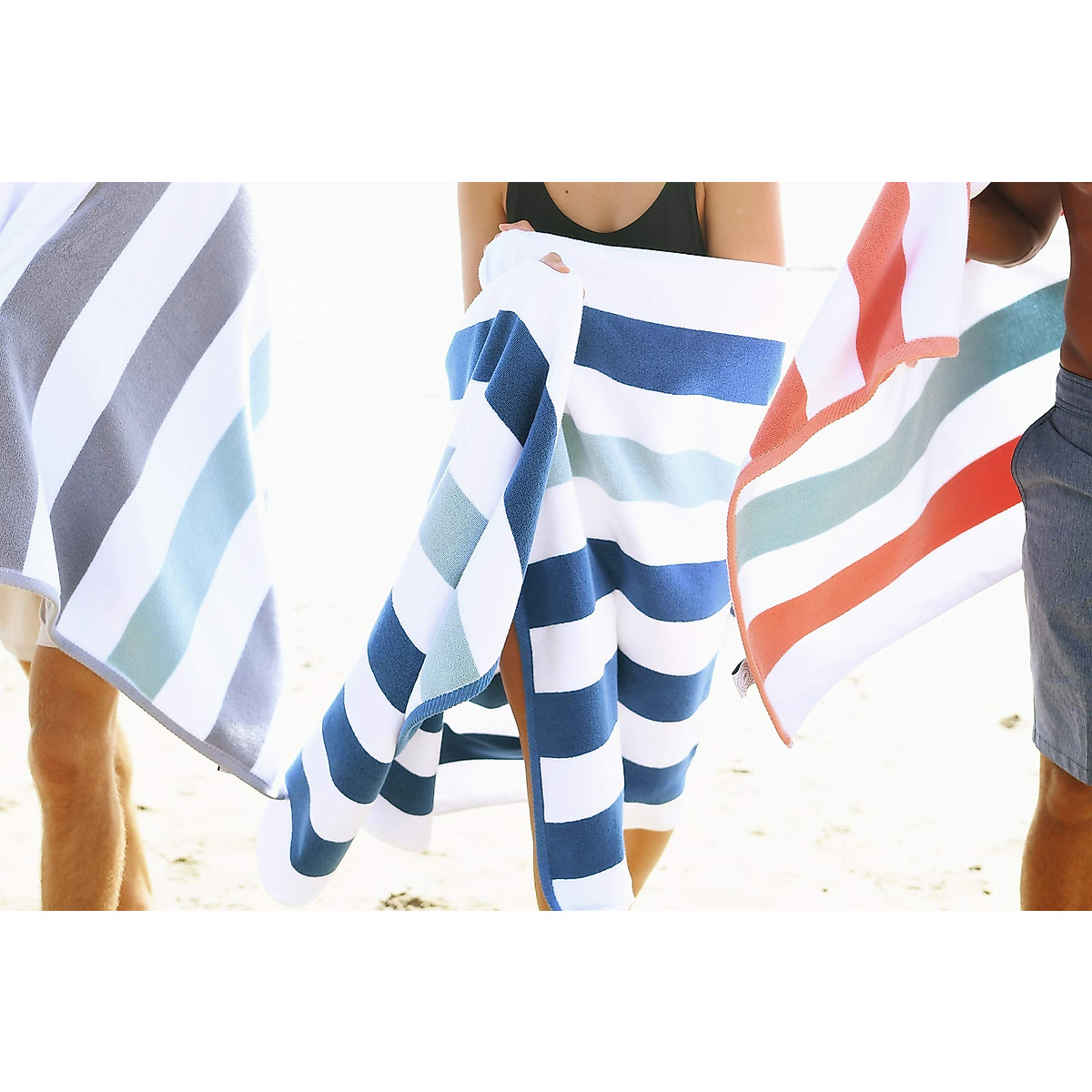 Laguna Beach Textile Co. Striped Cabana Beach Towel - Oversized, Plush 630 GSM Cotton - Marine Blue & Sea Glass Green