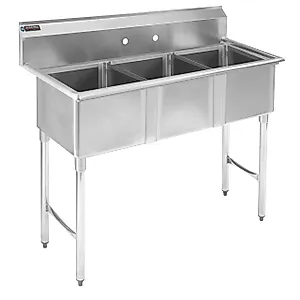 Stainless Steel Commercial Kitchen Sink - DuraSteel 3 Compartment Utility Sink w/Cross Bracing Legs - Triple 15" x 15" x 12" Bowl Size - For Restaurant, Laundry, Garage & Backyard - NSF Certified