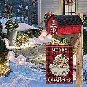 AVOIN Merry Christmas Watercolor Buffalo Check Plaid Santa Claus Garden Flag Vertical Double Sided, Winter Holiday Yard Outdoor Decoration 12.5 x 18 Inch