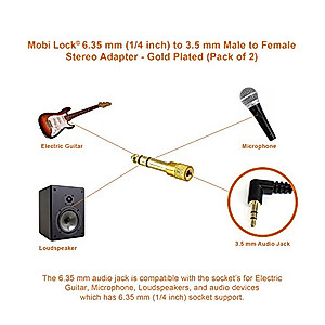 Mobi Lock 6.35mm Plug to 3.5mm Socket (Pack of 2) 1/4 to 1/8 inch Stereo Audio Jack Adapter | Converts Audio from Amplifiers, Guitar, Piano, Drums, Speakers & Mic That use 6.35mm to 3.5mm Port