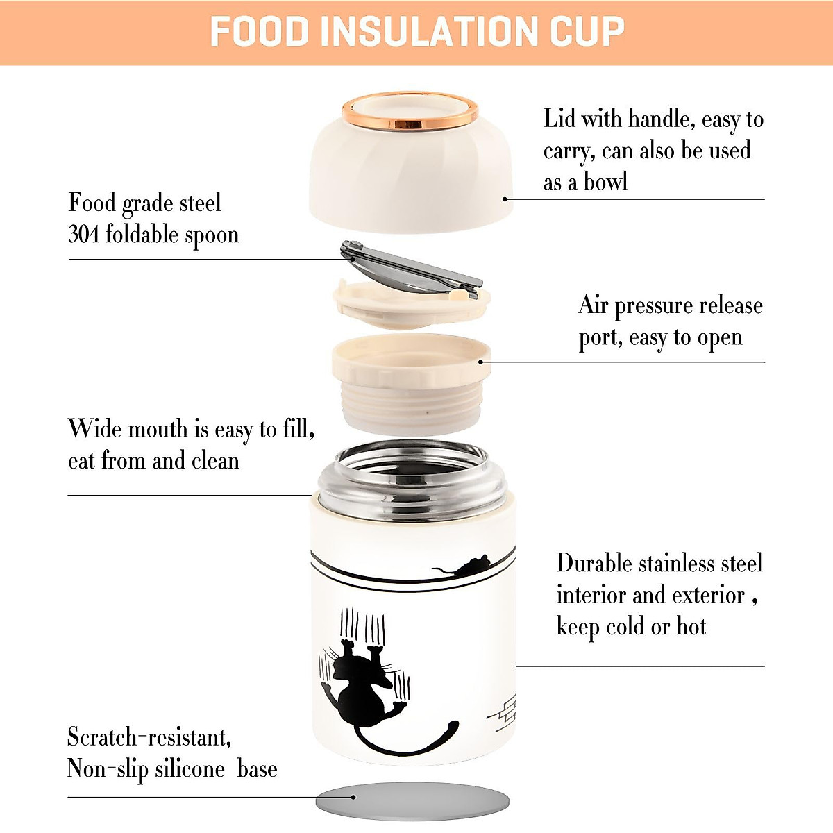 CUPADA Black Cat Scratch Mouse Food Jar, Wall Funny Insulated Hot Food Jars Vacuum 17OZ with Folding Spoon for Work Trip Picnic Camping