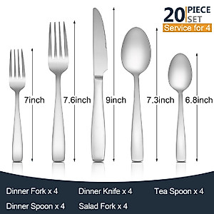 E-far Matte Silverware Set for 4, 20 Pieces Stainless Steel Flatware Eating Utensils Set for Home Kitchen Restaurant, Metal Forks Spoons and Knives with Square Handle, Dishwasher Safe