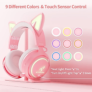 EASARS Wireless Cat Ear Headphones, Pink Gaming Headset Bluetooth 5.0 for Smartphone, Retractable Mic, 50mm Drivers, RGB Lighting Headset with Mic (USB Dongle Not Included)