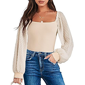 ANRABESS Rompers for Women Sheer Swiss Dot Puff Sleeve Square Neck Bodysuit Fall Casual Long Sleeve Dressy Leotard Top 1071xingse-L