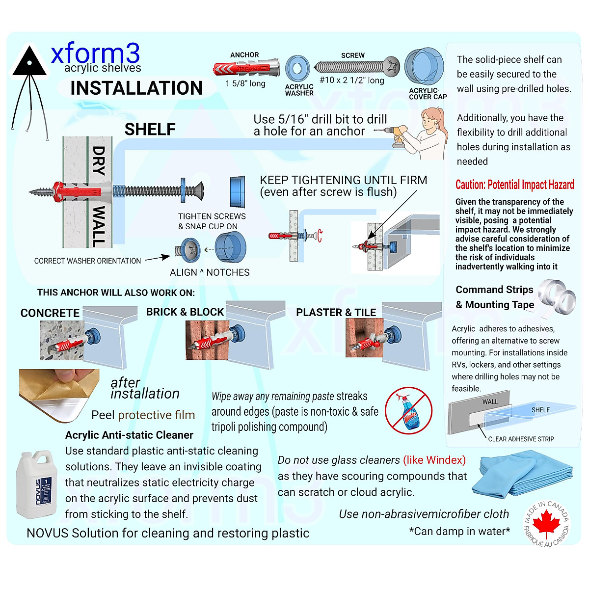 Xform3 4 inch Long, Floating Shelf, Clear Acrylic, Customizable! (2" deep)