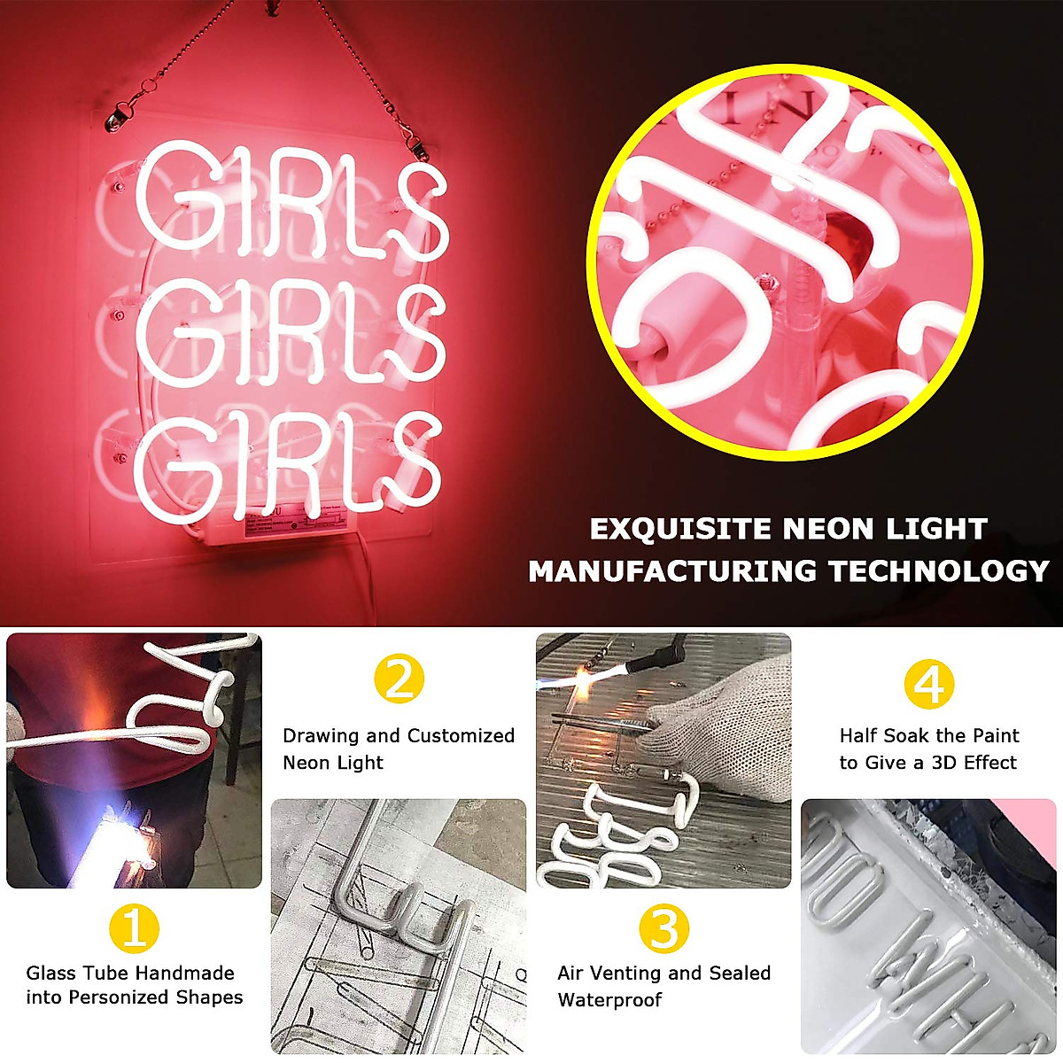 Neon Signs Girls, Pink Neon Girls Girls Girls Signs, Neon Wall Sign Light, Hanging Neon Lights, Custom Neon Words Real Neon for Wall Bedroom Room Decor Bar for Party Christmas Holiday Decoration Sign