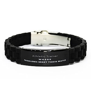 Funny Gifts, Athletic Trainer: Where problems meet their match, Black Glidelock Clasp Bracelet, Sarcastic Funny Gag Gift for Friends, Coworker, Colleague, Boss