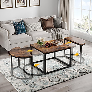 Wood Coffee Table Set: Large 47" Modern Oval Coffee Table for Living Room, Detachable into a Square Table and Small Round End Tables Mid-Century Side Table Couch Table with Storage, Stable Metal Stand