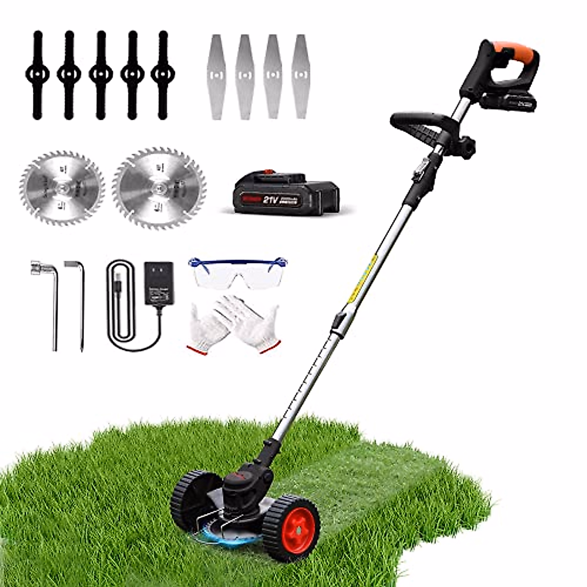 HUDAEN Cordless Grass Trimmer Weed Wacker, 3-in-1 String Trimmer Lawn Edger with 21V 2Ah Li-ion Battery for Garden and Yard with Wheel, Lightweight Adjustable Height Weed Eater Tool(Black)