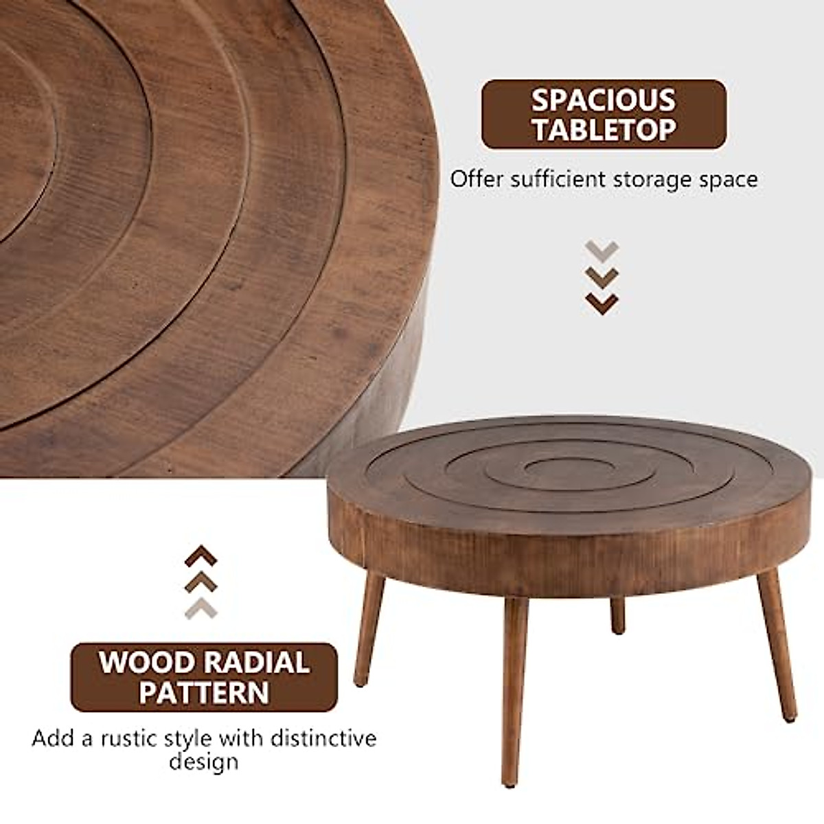 COSIEST 2 Piece Round Coffee Table Set, Modern Nesting Table with Handcrafted Wood Ring Motif, Farmhouse Wood End Table for Living Room