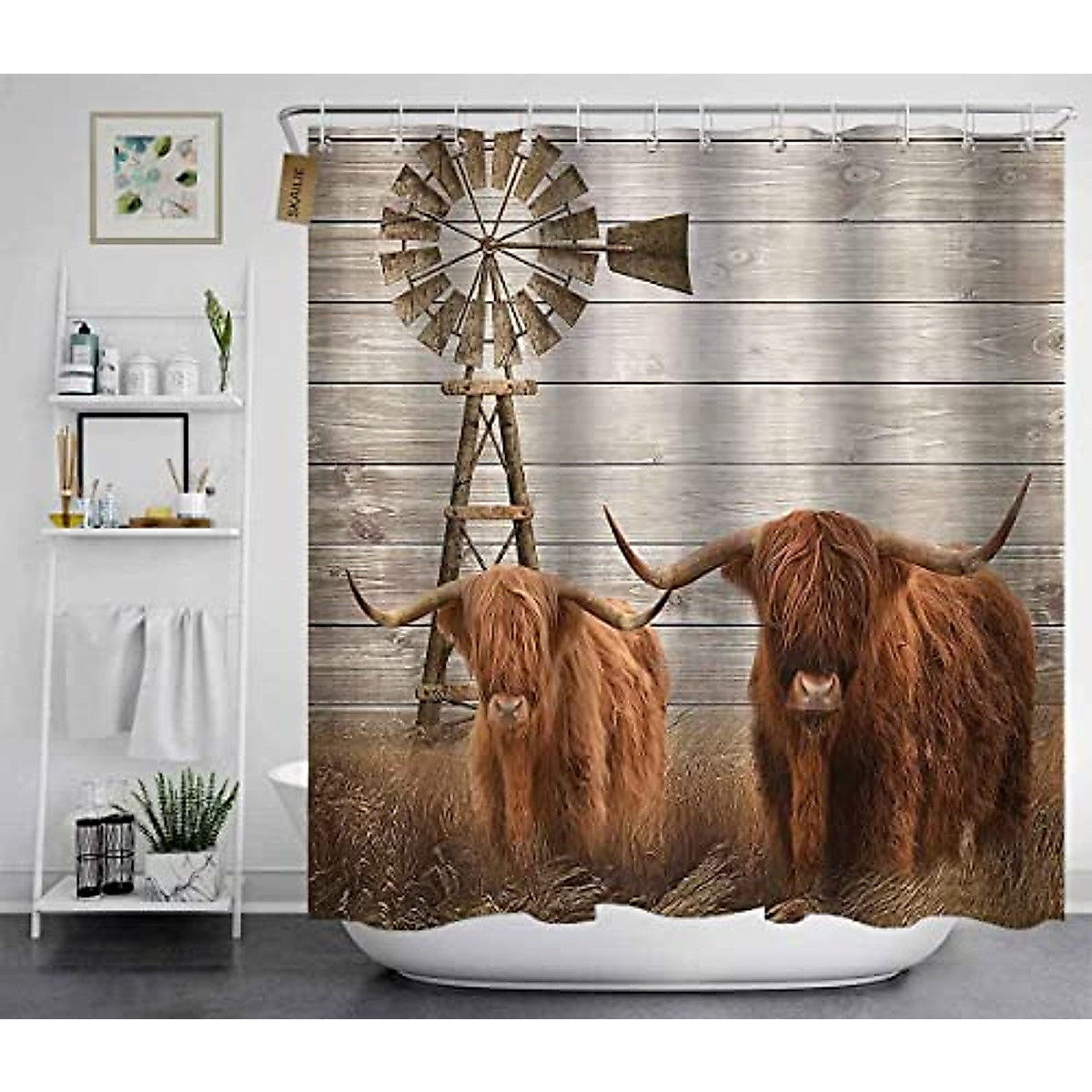 SKAILIÉ 4PCS Funny Highland Cow Shower Curtain Set, Farm Windmill Brown Cattle Bull Longhorn Wildlife Animal Western Country Rustic Farmhouse Bathroom Decor, Fabric Shower Curtain, Non-Slip Bath Mat