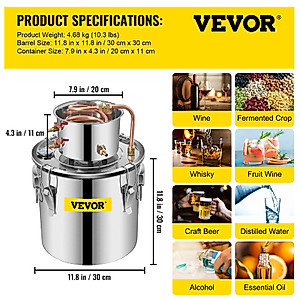 VEVOR Alcohol Still 5Gal/20L Alcohol Distiller Stainless Steel Distillery Kit for Alcohol With Copper Tube & Pump Home Brewing Kit Build-in Thermometer for DIY Whisky Wine Brandy