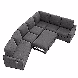 P PURLOVE Sectional Sofa for Living Room, Sectional Sleeper Sofa with Pull-Out Bed, Modern Couch with USB Charging Port, Upholstered L-Shaped Sofa Couch for Bedroom, Large Space(Gray)