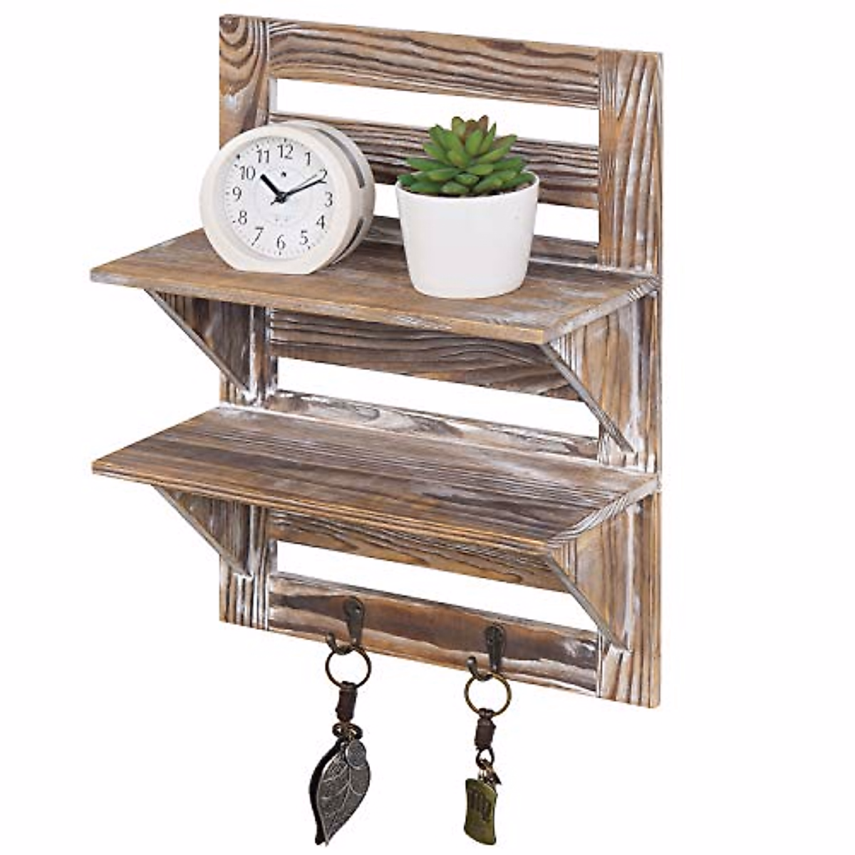 MyGift 2-Tier Torched Whitewashed Wood Wall Mounted Shelf Rack with Key Hooks, Entryway Storage Display Shelves, Bathroom Shelving and Towel Hooks, 7 x 13-Inches