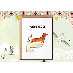 NTVShop Happy Bidet Card - Funny Birthday Card - Toilet Pun - Sausage Dog - Funny Dog - Dog Birthday Card - Funny Dachshund Card