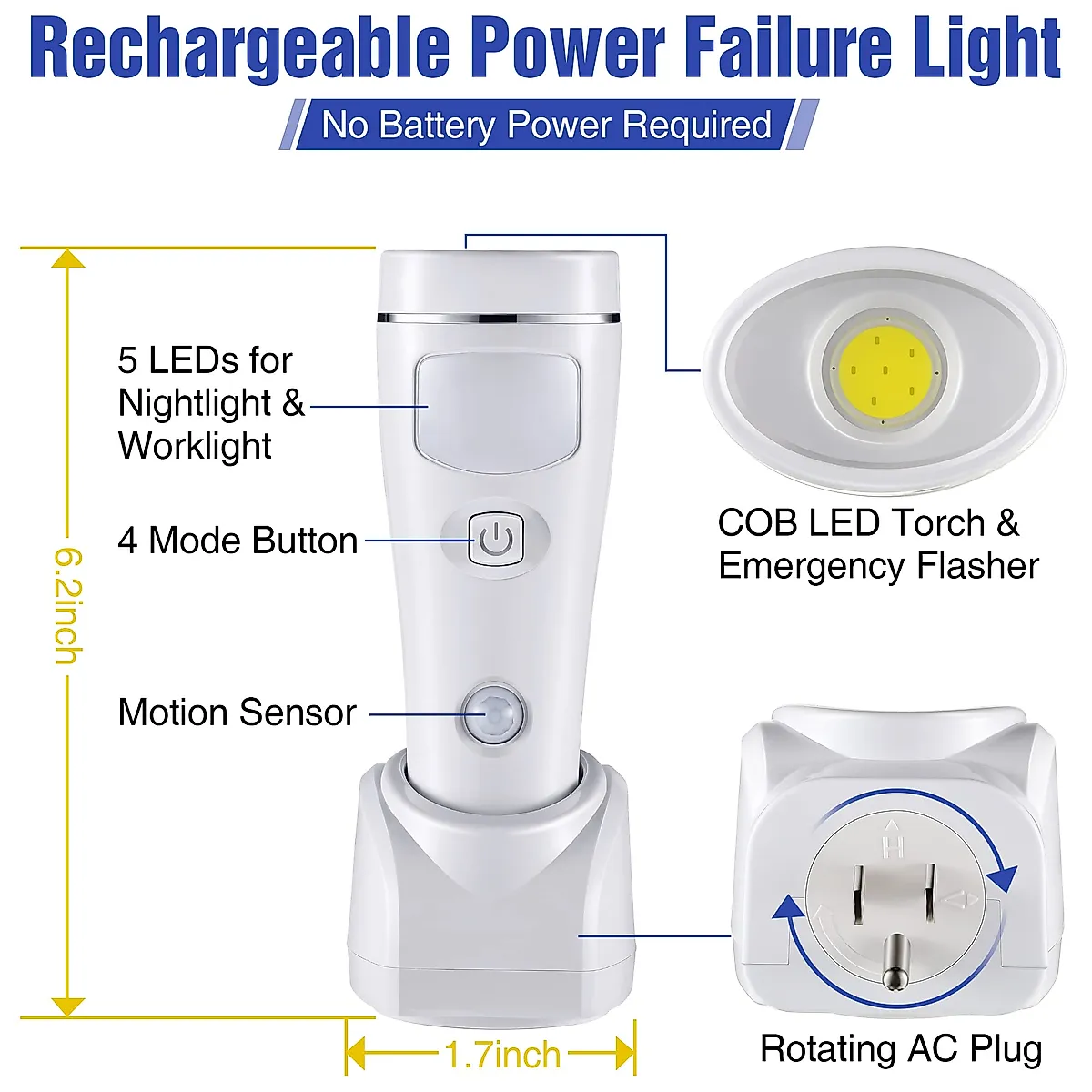 Enhon 4 in 1 LED Rechargeable Plug in Flashlights, 6 Pack LED Emergency Lights for Home Power Failure Emergency, Plug in Power Outage Light, Power Failure Light with Motion Detection (White)