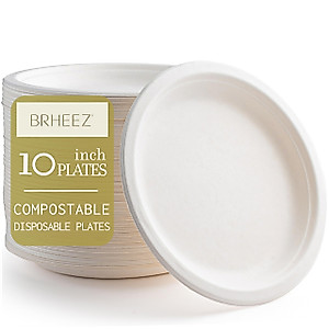 brheez 10 in. Disposable Plates Paper Plates Alternative Compostable Plates Heavy Duty [Pack of 60] Eco-Friendly 100% Natural Sugarcane Bagasse Fiber Biodegradable