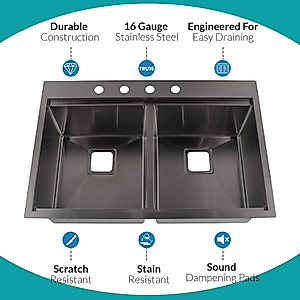 Strictly Sinks 33 inch Topmount Kitchen Workstation Sink Gunmetal Black 5050 Double Bowl 16 Gauge Stainless Steel Drop In Scratch, Stain Resistant Colander, Cutting Board & Bottom Protector Grid