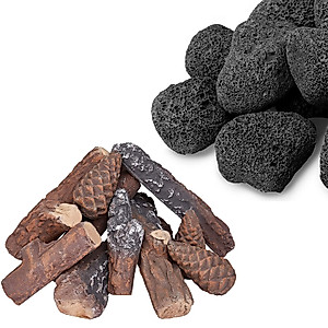 GASPRO 10 Pound Lava Rocks and 10 Piece Small Size Ceramic Fireplace Logs for All Types Fireplace and Fire Pit
