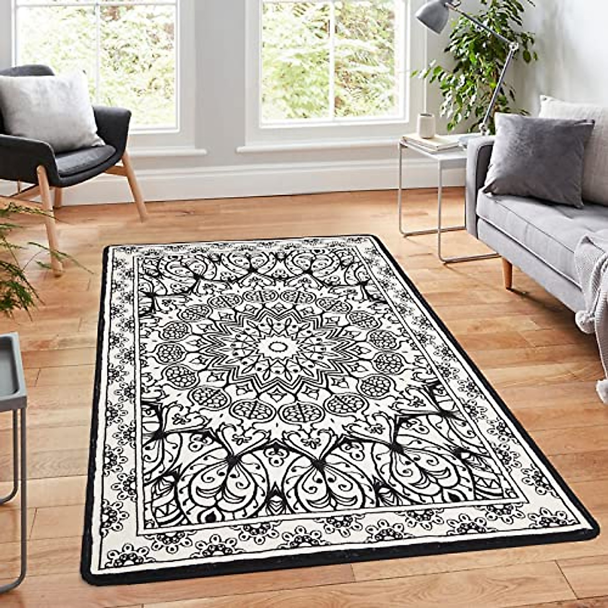 LINROMIA Boho Rug 3' x 5', Persian Floral Area Rug Soft Faux Wool Bedroom Rug Bohemian Washable Accent Rug Mat Indoor Outdoor Non-Slip Throw Carpet for Living Room Dining Black SND White