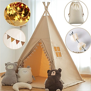 RONGFA Kids-Teepee-Tent with Lights &Large Pompoms & Carry Bag, Machine Washable Teepee Tent for Kids Indoor Tent, Foldable Toddler Tent for Kids -Toddler Teepee Tent for Girls & Boys（Without Mat）
