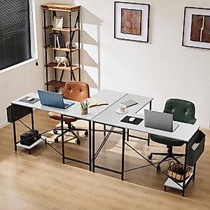 Sweetcrispy L Shaped Desk Gaming Computer 50 Inch Reversible Corner White Table PC Work Table for Writing Study Student with Wood Tabletop Metal Frame CPU Stand Side Bag for Home Office Small Place